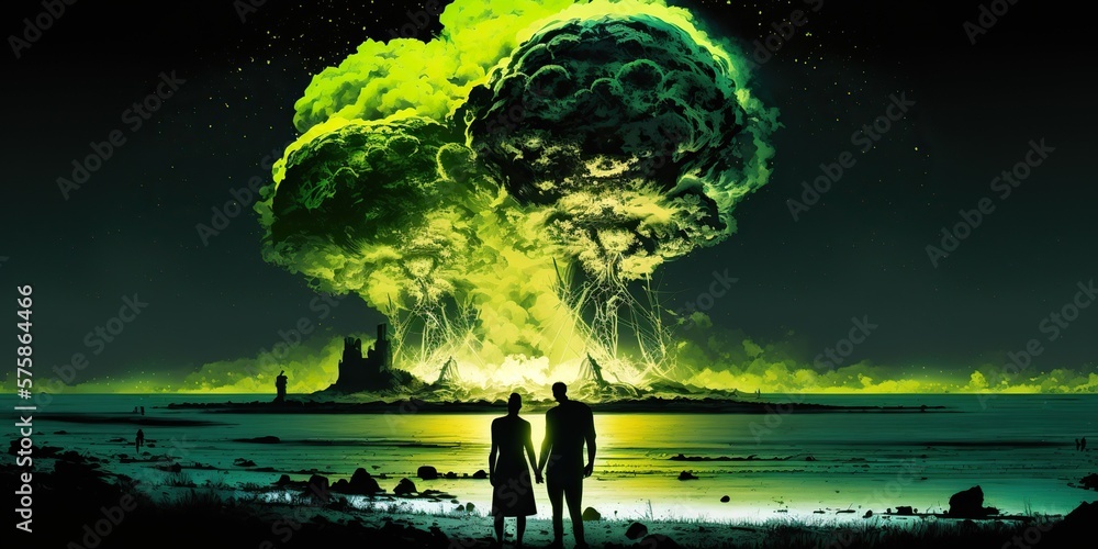 Romantic couple in love on night beach with atomic explosion in the ...