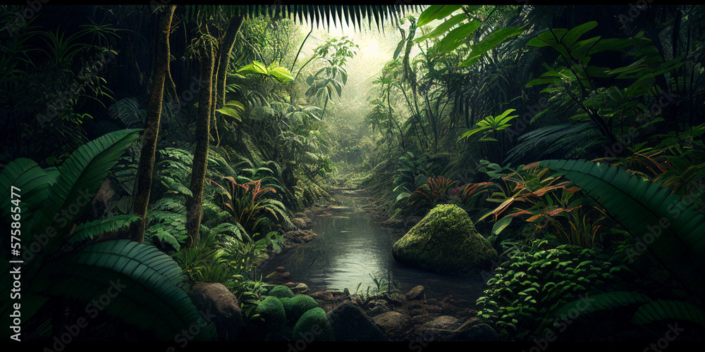 A panoramic shot of a tropical rainforest that has been untouched for ...