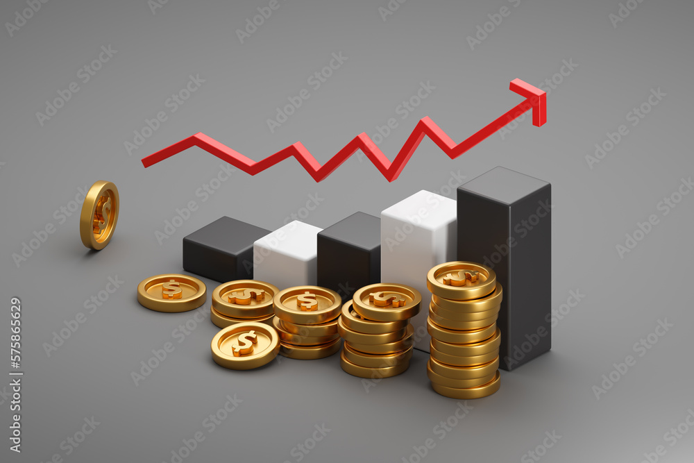 Graph with columns of golden coins and an arrow on a blue background ...
