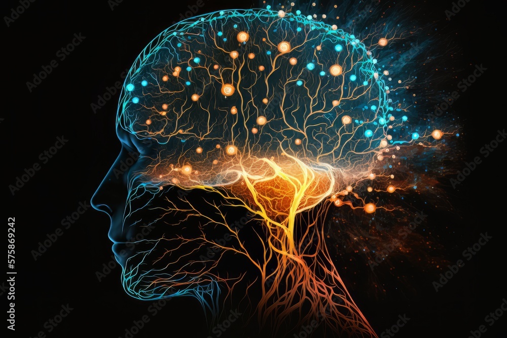 Human head with glowing neurons cells in brain. Deep learning , Machine ...