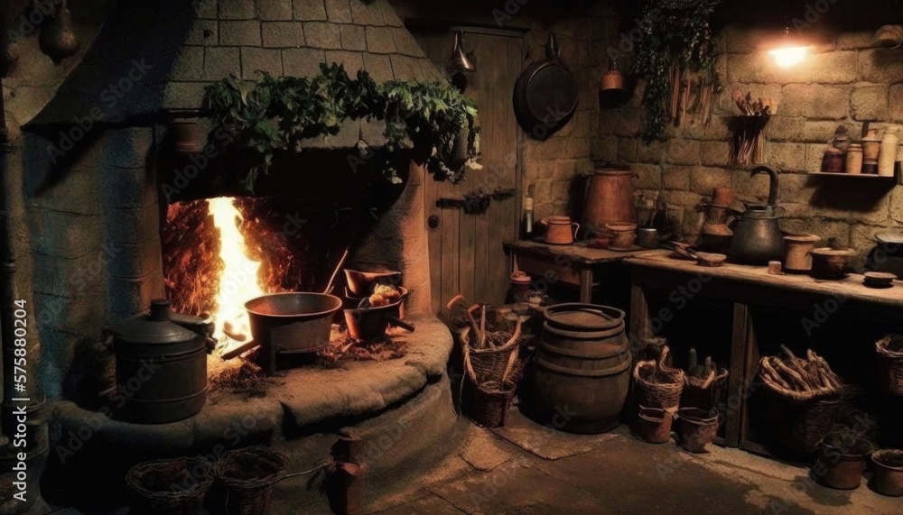 Old witch spooky creepy fantasy haunted cottage house room interior ...