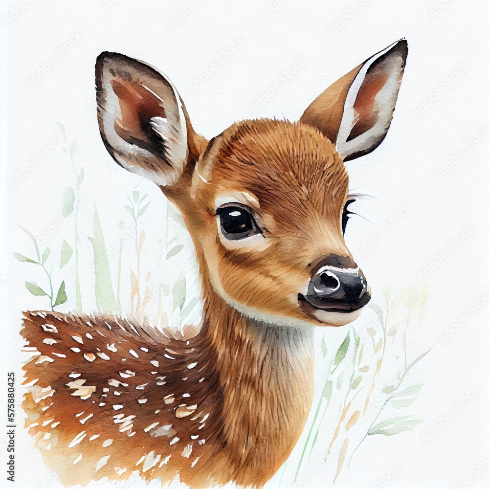 Watercolor portrait of a baby deer. Hand drawn illustration Stock ...