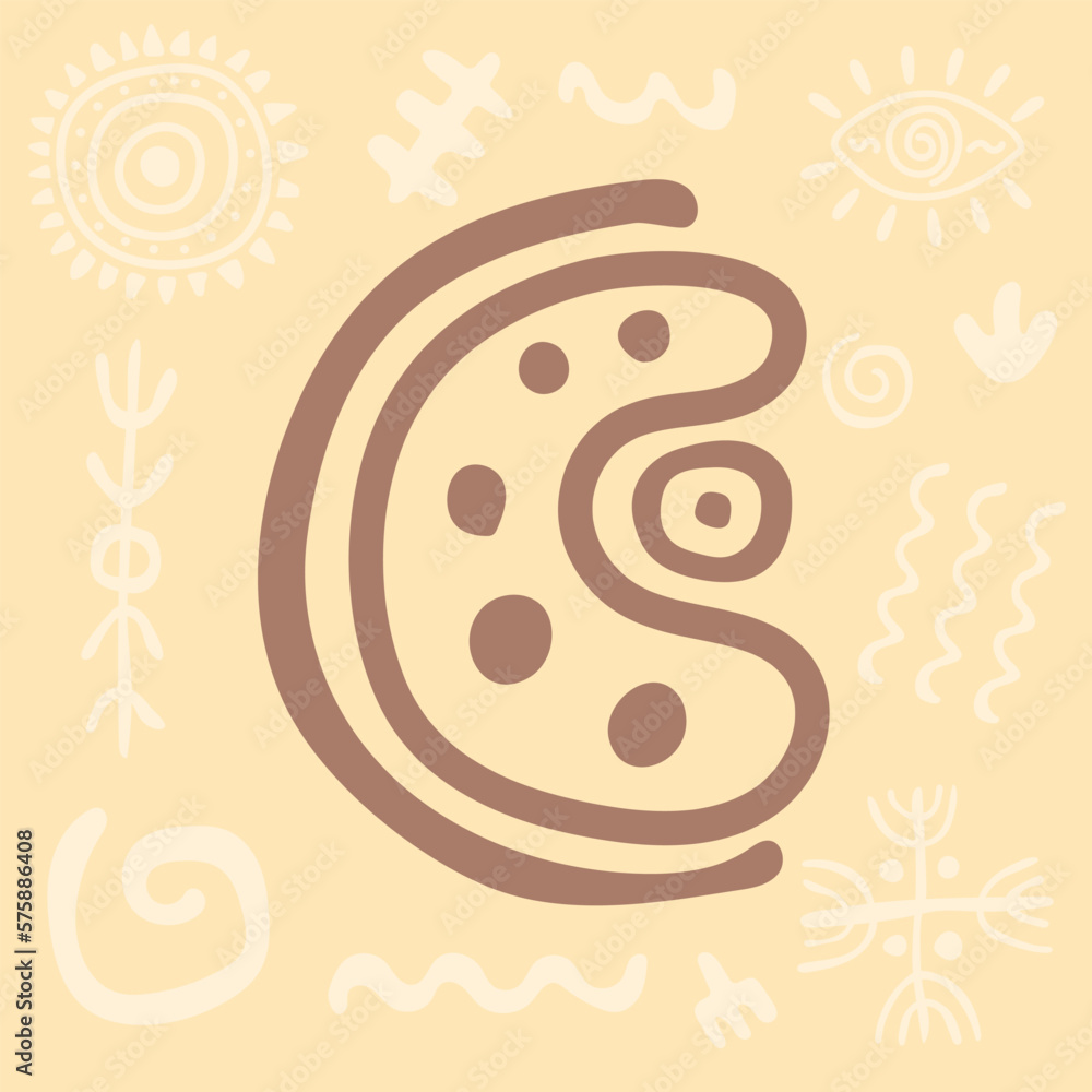 Primitive ethnic ornament, petroglyph. Sign, icon, moon symbol. Ancient ...