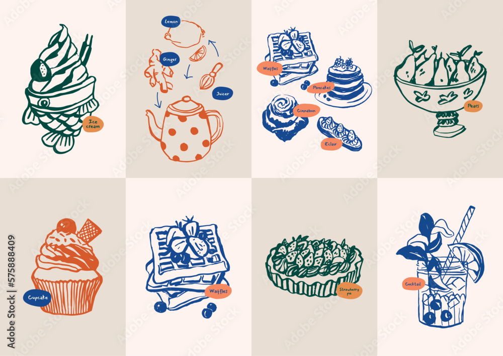Minimalist hand drawn food and drink vector illustration collection ...