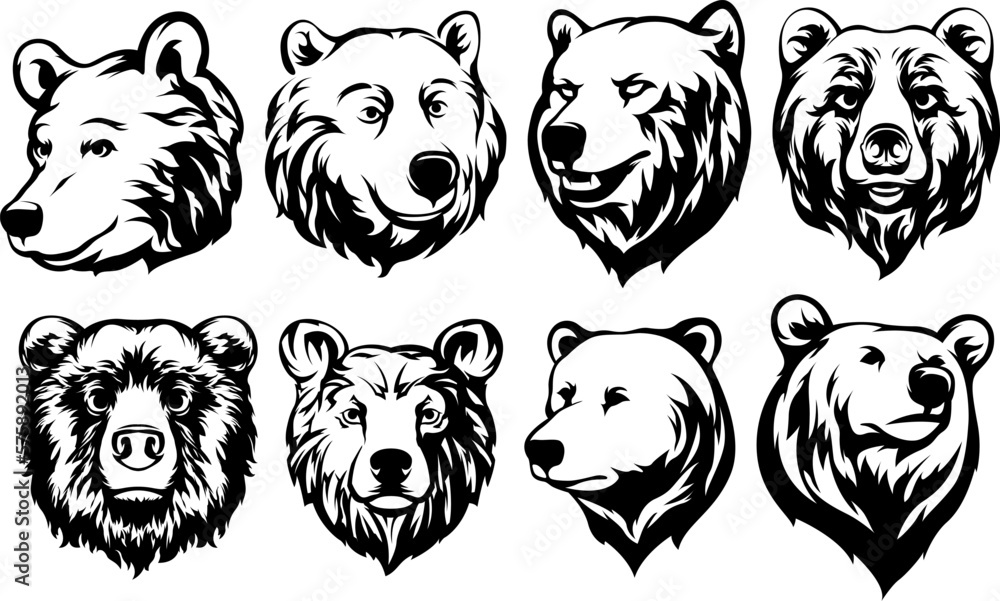 Head of bear. Abstract character illustration variant set. Graphic logo ...