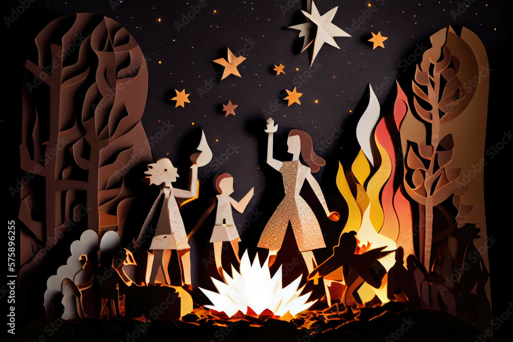 Paperboard Cutouts of Happy People in Cartoon Style at a Campfire ...