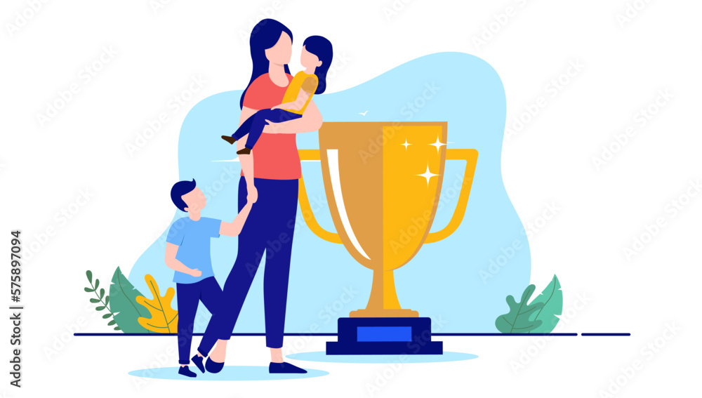 Best mother award - Mom with two kids being appreciated with big trophy ...