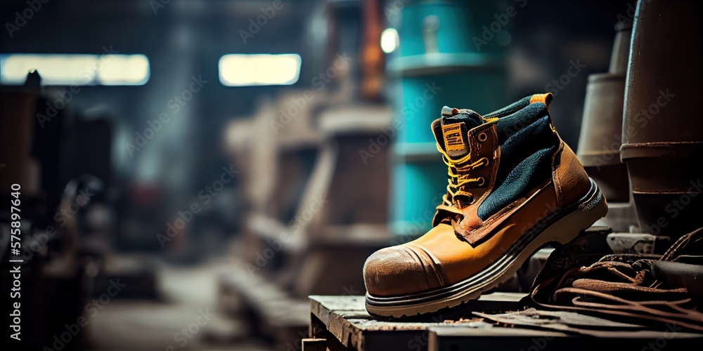 Close-up safety working shoe. Shoe is standing at the factory, ready ...