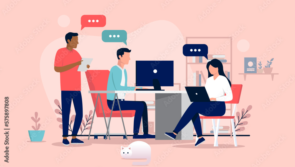 Vetor de Working and talking in office - Team of people doing work ...