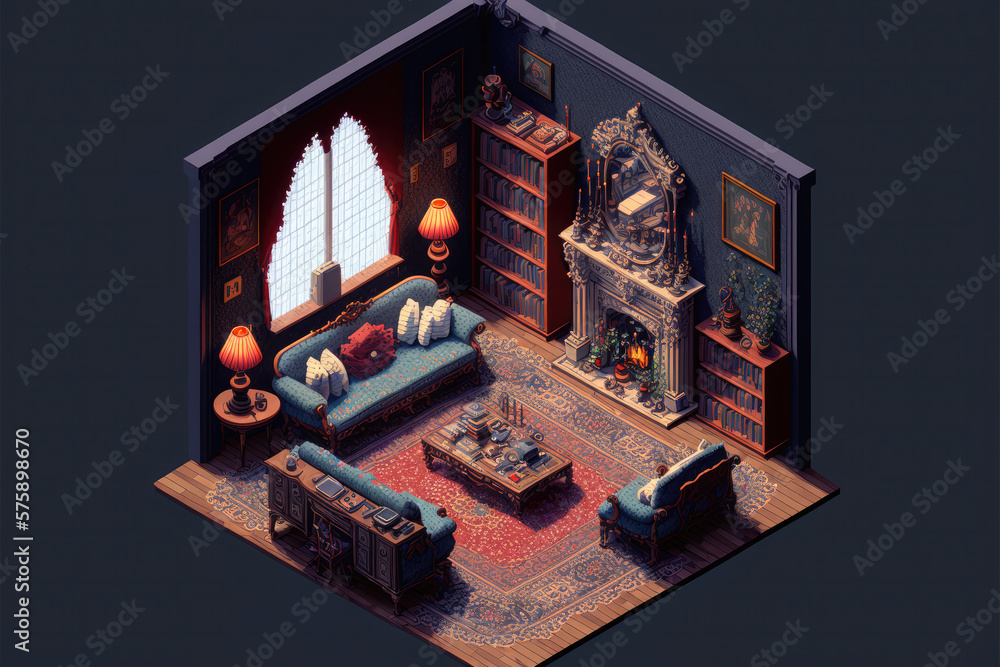 Isometric living room interior. The cozy interior in old English ...