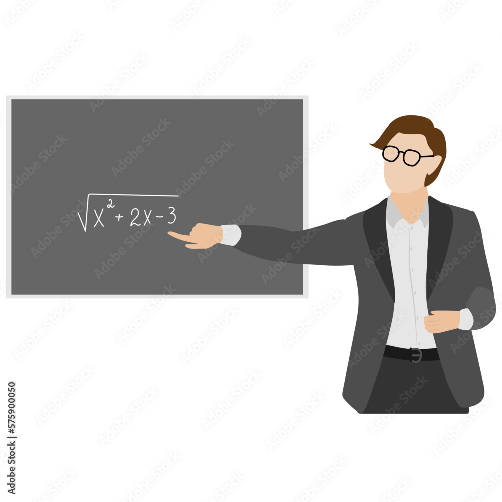 Mathematics teacher near the blackboard. Algebra example explained by a ...
