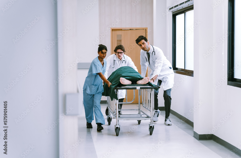 Paramedic doctor and nurse moving critically ill patient on gurney to ...