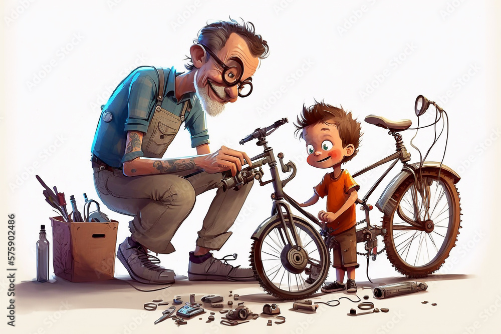 Cartoon style illustration of a smiling kid boy repairing the bicycle with his smiling granpa ...