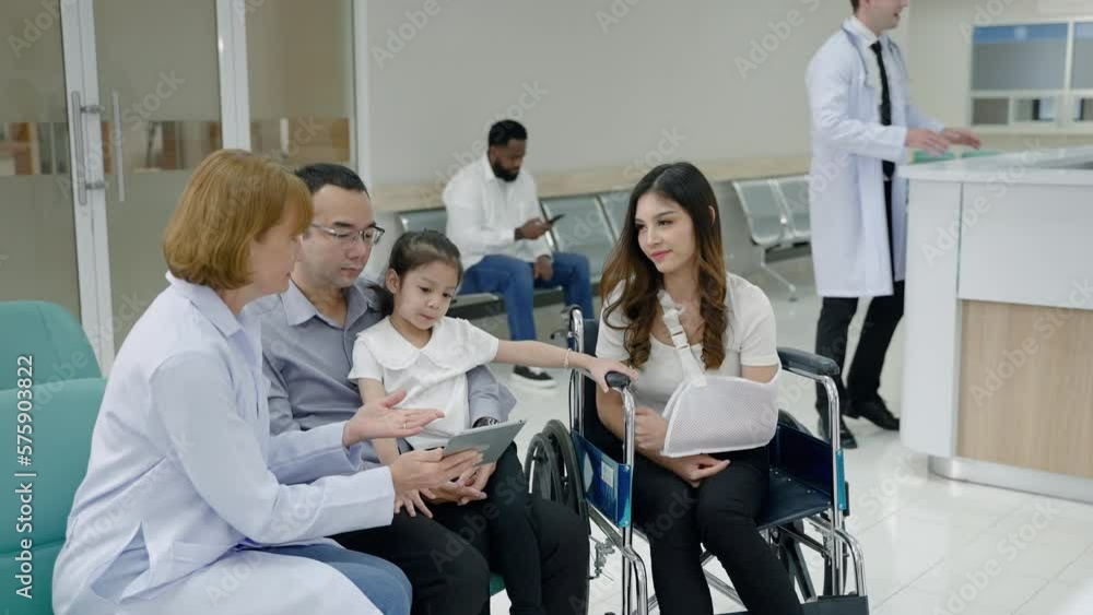 Diversity in hospital lobby or hallway with busy nurse, older patient ...