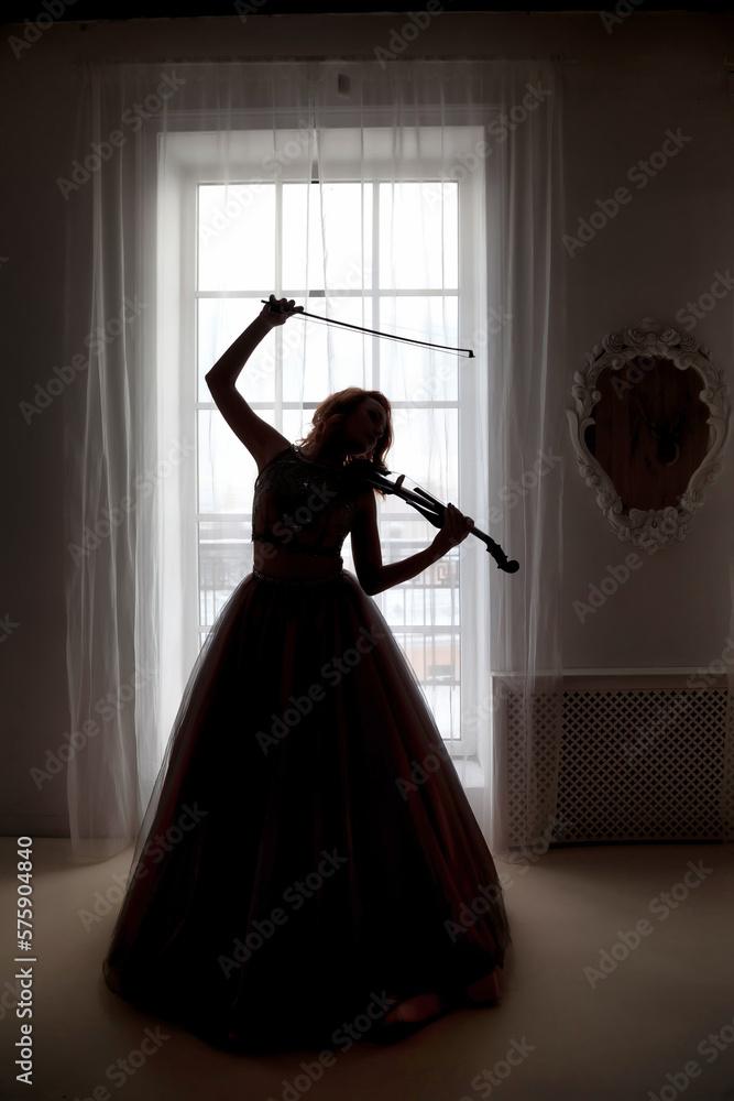 Silhouette cover woman posing violin at large light window background ...