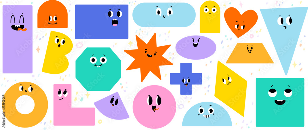 Geometric characters funny faces and eyes. Modern figure symbol designs ...