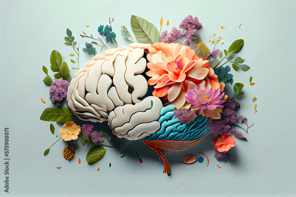 Photo & Art Print Human brain with spring flowers, symbolising mental ...