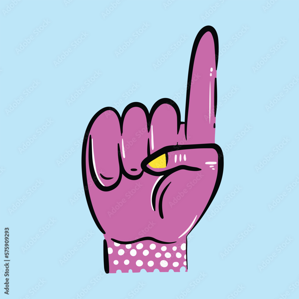 Funky pinkish purple pop colored hand with pointing up gesture, raise a ...