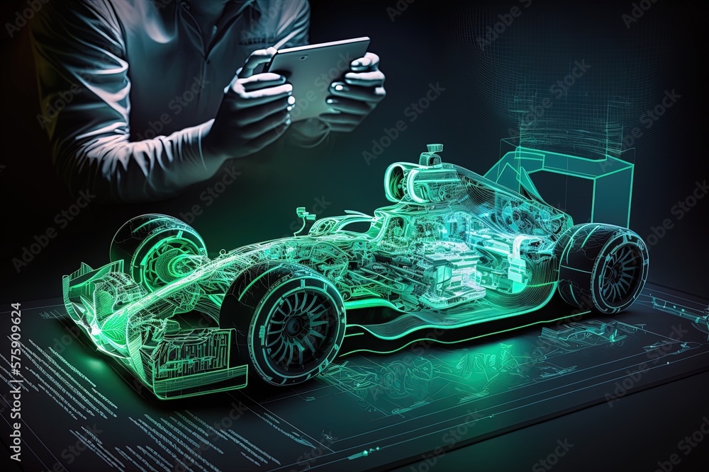 An engineer designing a f1 car using augmented reality and viewing the ...