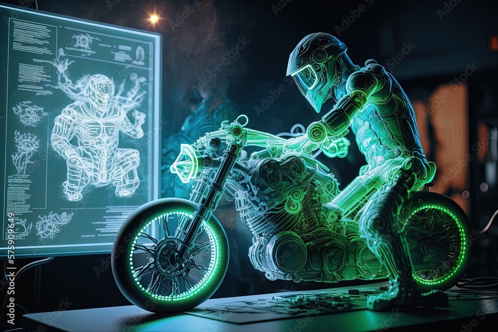 An engineer designing a motorcycle using augmented reality and viewing ...