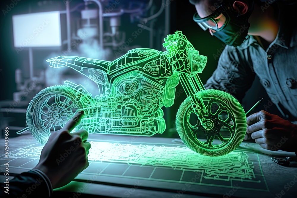 An engineer designing a motorcycle using augmented reality and viewing ...