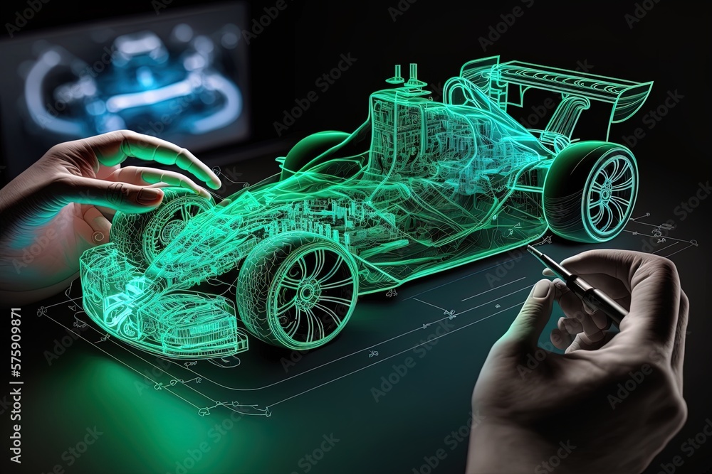 An engineer designing a f1 car using augmented reality and viewing the ...