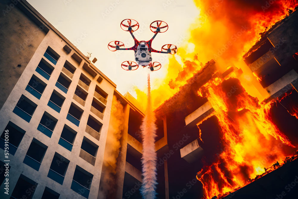 Fire fighting drone flying for extinguish a fire on a residential high ...