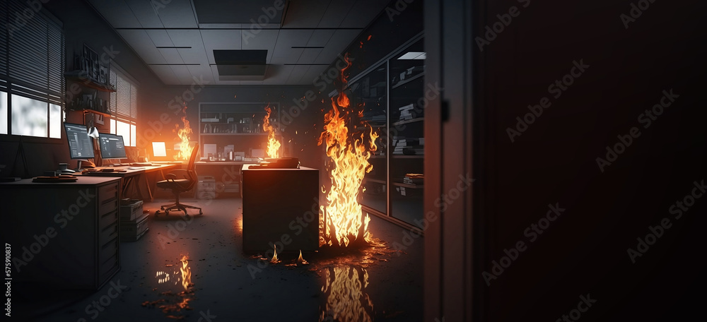 Fire in the office .Fire burning inside the office cabinet. Copy space ...