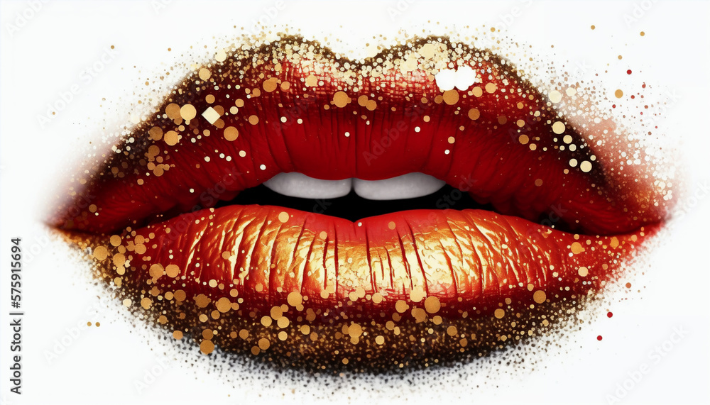 Red lips with gold glitter on isolated white background. Make-up or ...