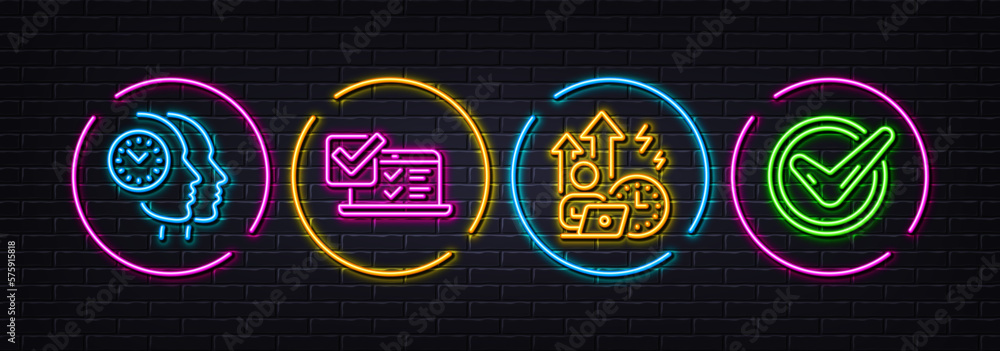 Online survey, Difficult stress and Time management minimal line icons. Neon laser 3d lights ...