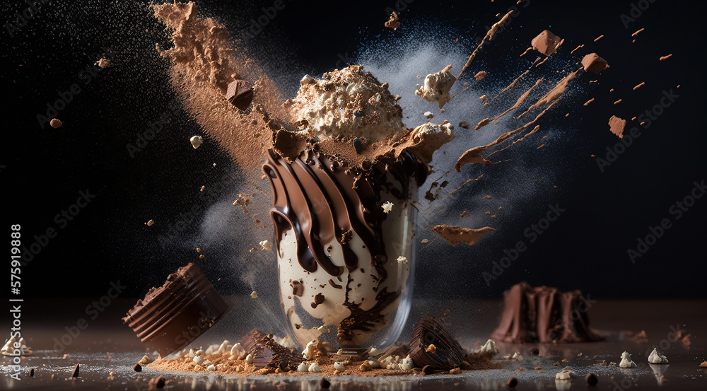 Milk chocolate shake on a dark background. A large amount of dark ...