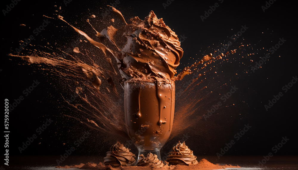 Milk chocolate shake on a dark background. A large amount of dark ...