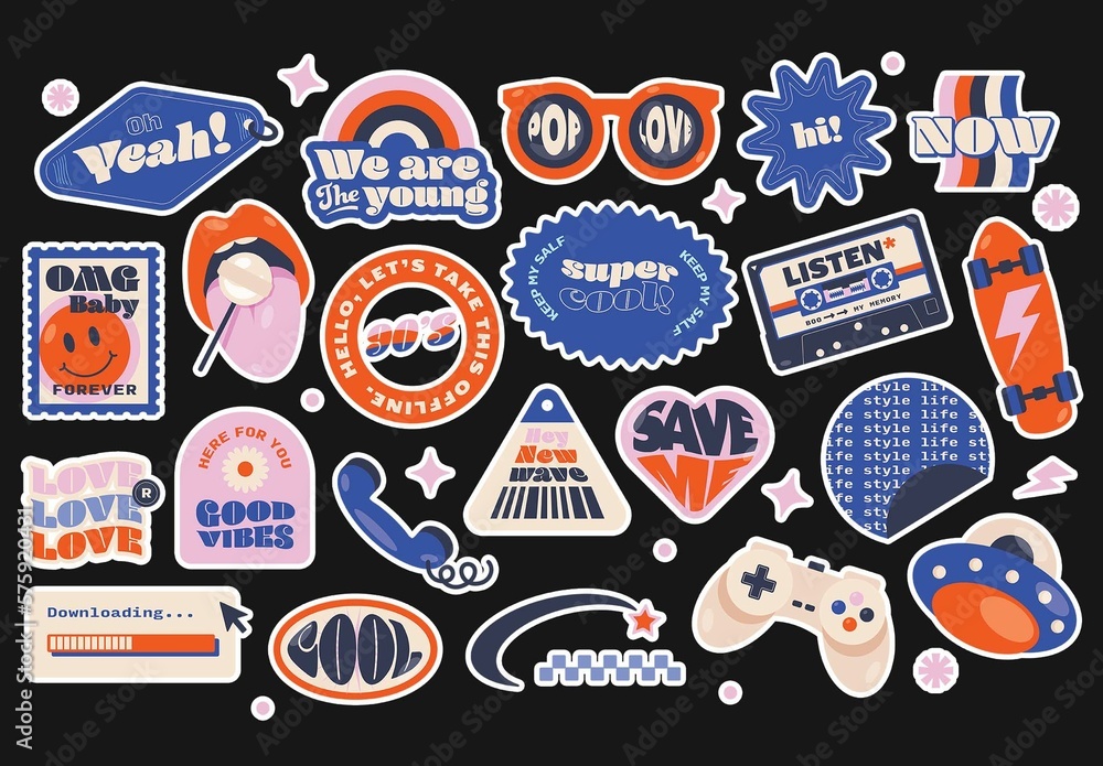 Y2K Retro Illustrations Stickers Set Stock Template | Adobe Stock