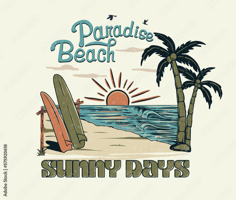 surf board on palm beach retro vintage design, summer surfing beach ...