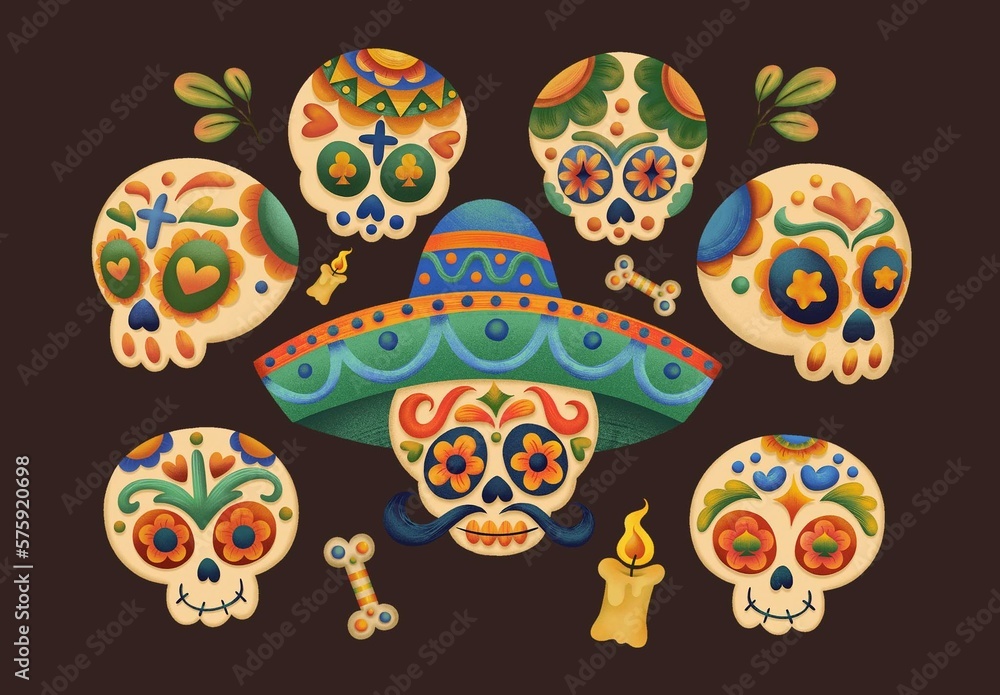 Mexican Sugar Skull Illustrations Set for Cinco De Mayo Dia De Los ...