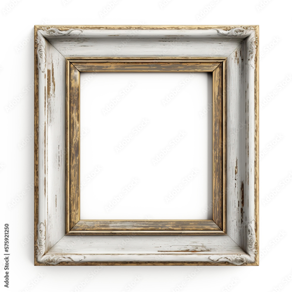 Wooden vintage frame for photos, pictures. Scratched white paint mockup ...