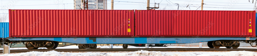 A 80ft flatcar (flat wagon) with two 40ft containers on Trans-Siberian ...