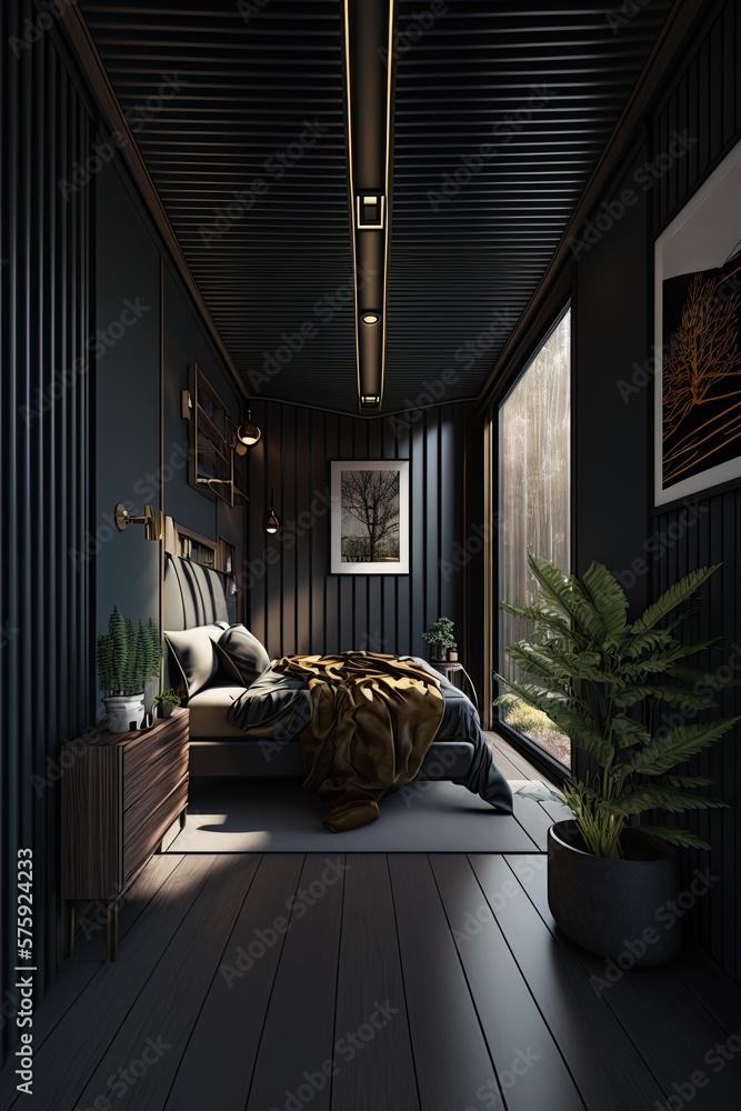 Interior of a luxury, modern container room. Container house concept ...