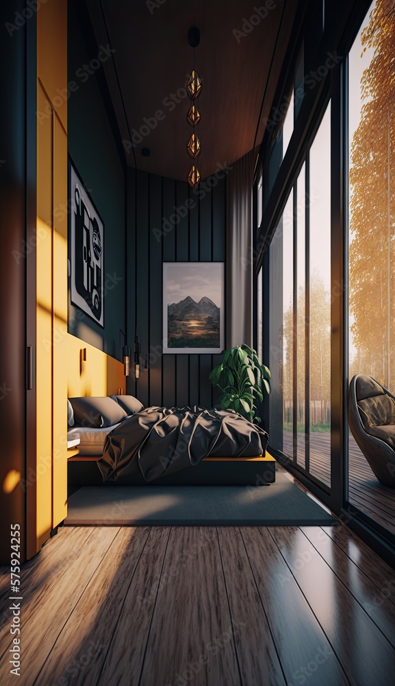 Interior of a luxury, modern container room. Container house concept ...