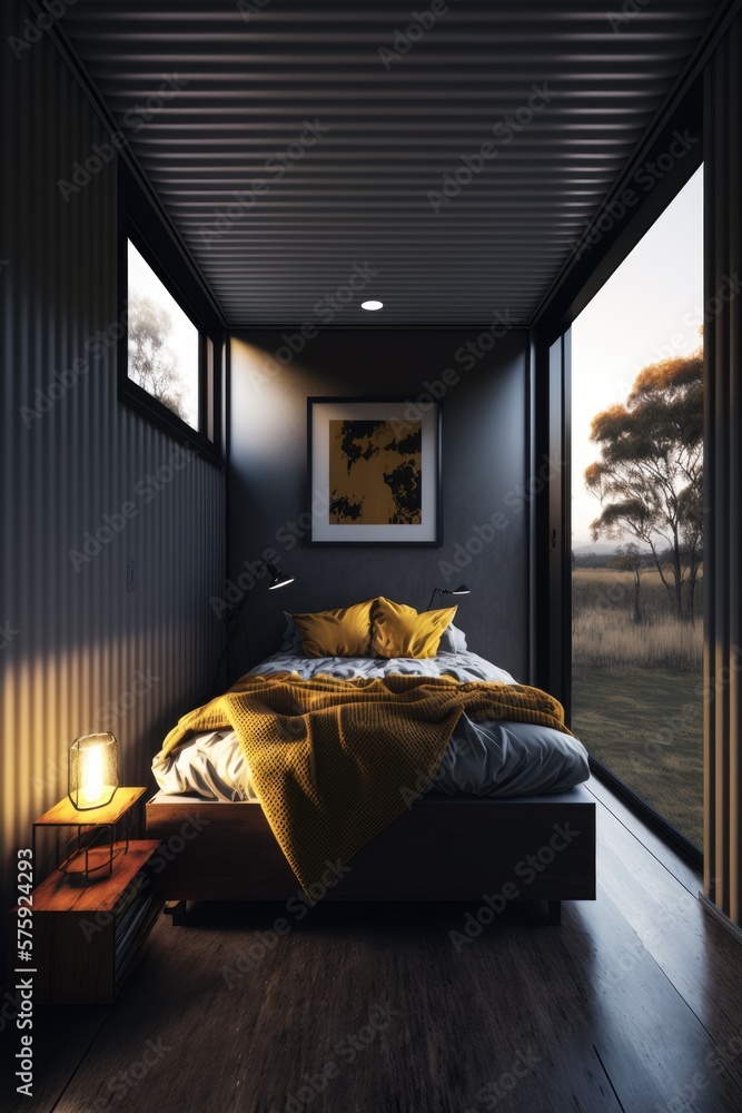 Interior of a luxury, modern container room. Container house concept ...