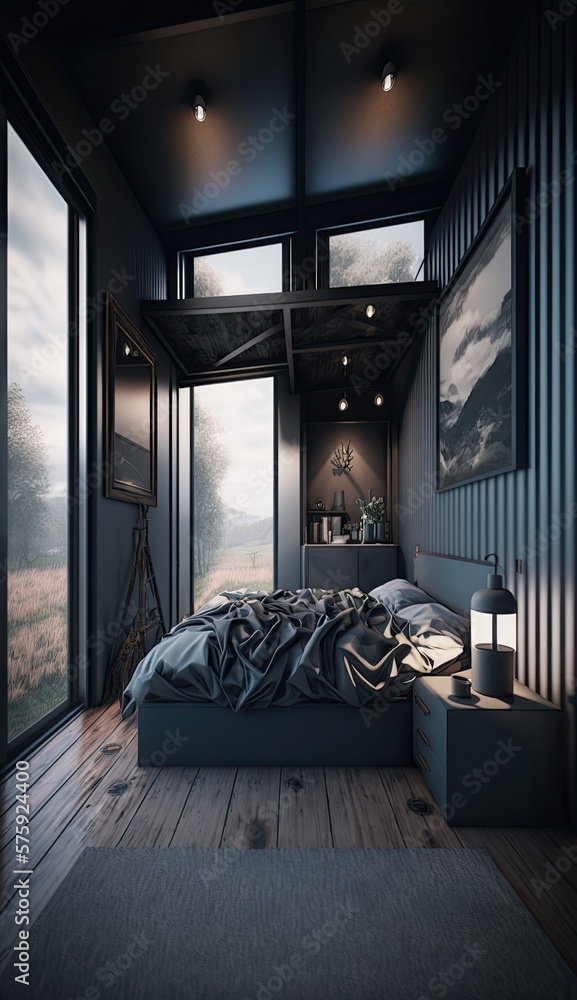 Interior of a luxury, modern container room. Container house concept ...