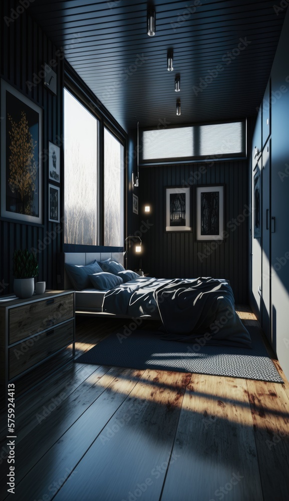 Interior of a luxury, modern container room. Container house concept ...