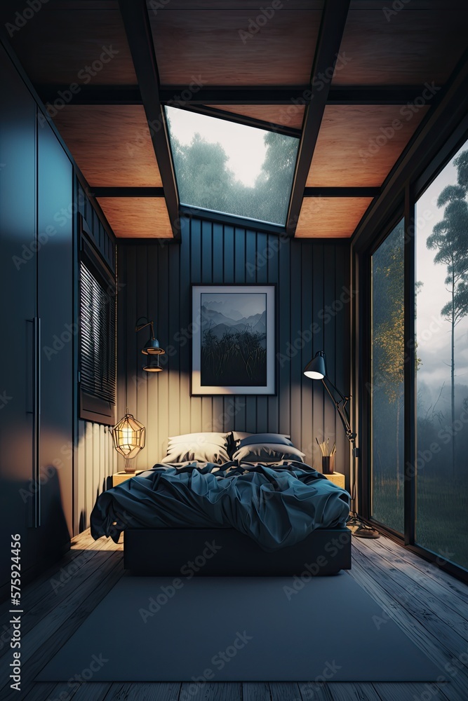 Interior of a luxury, modern container room. Container house concept ...