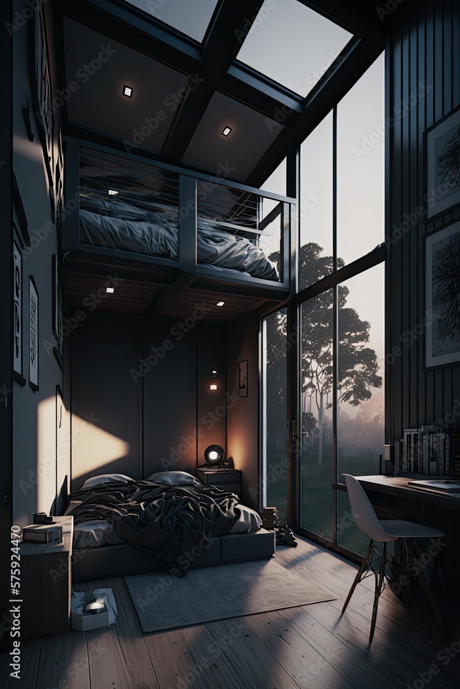 Interior of a luxury, modern container room. Container house concept ...