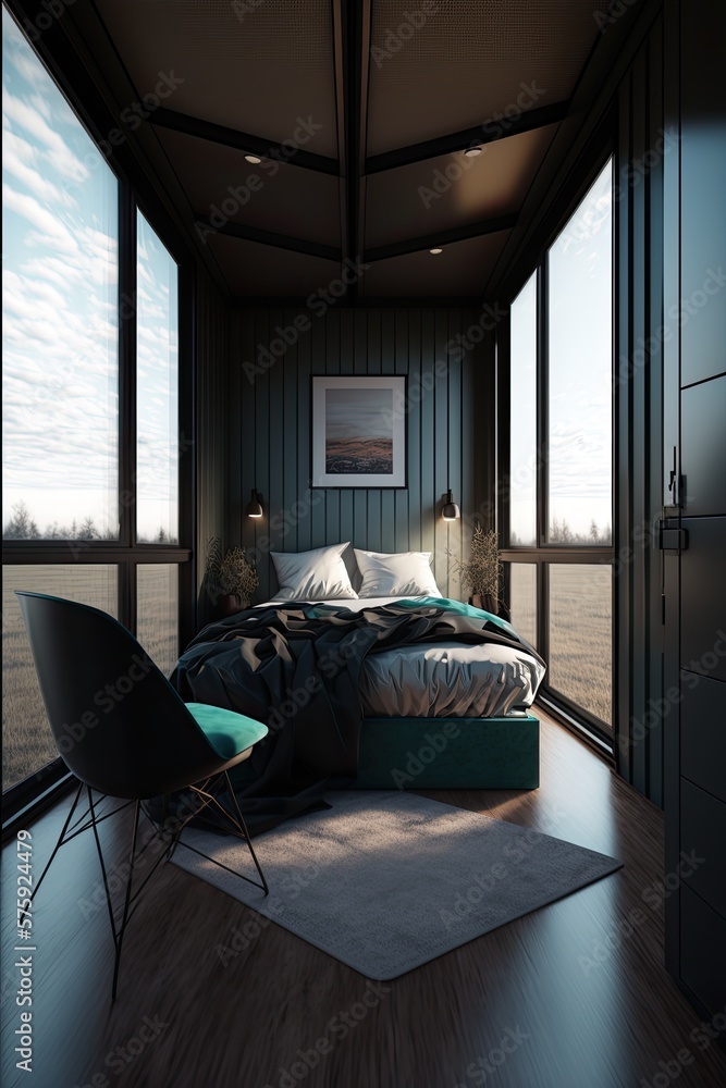 Interior of a luxury, modern container room. Container house concept ...