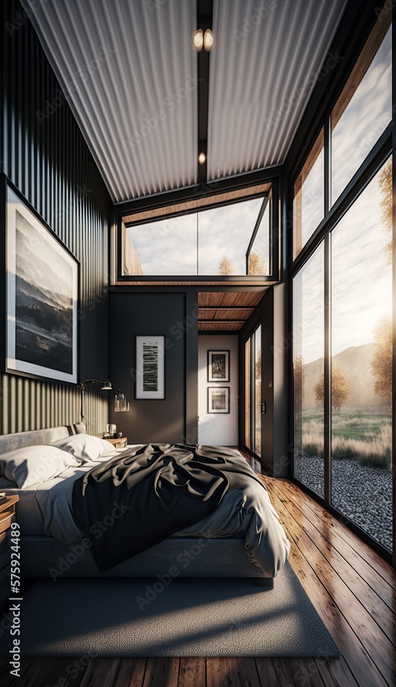 Interior of a luxury, modern container room. Container house concept ...
