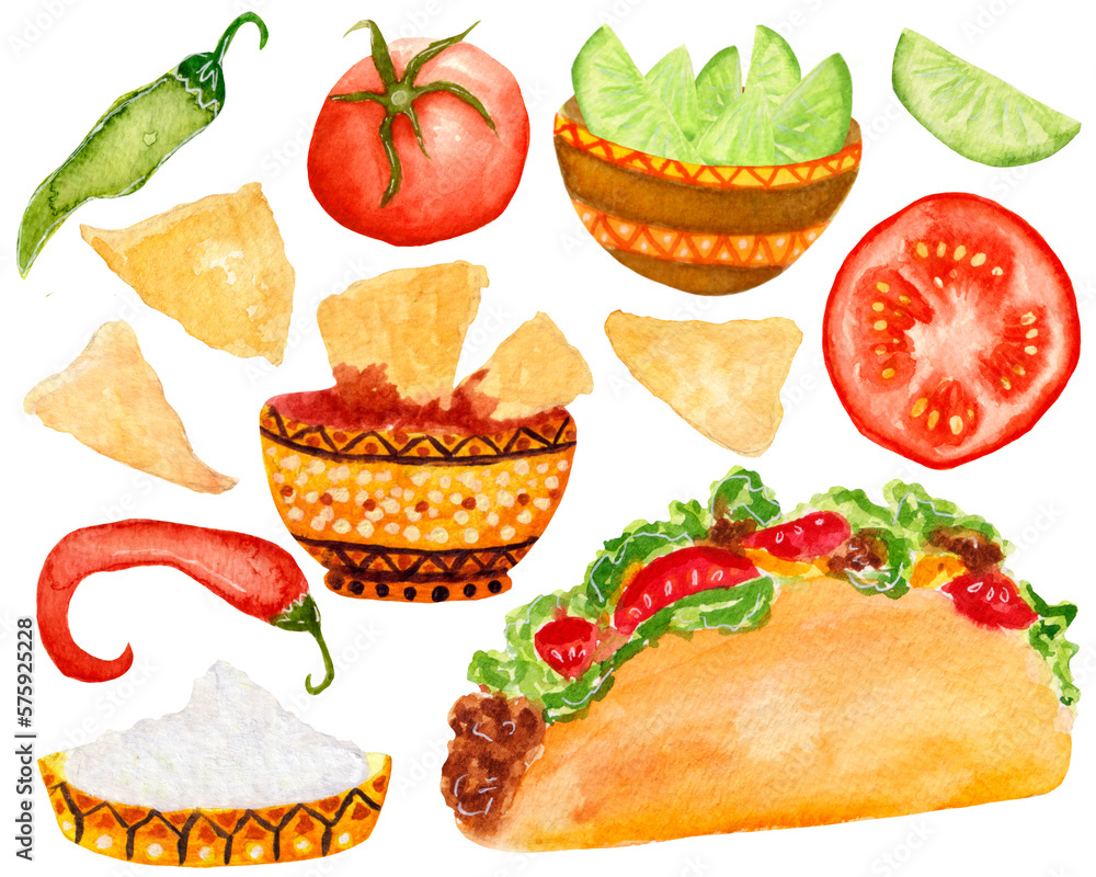 Watercolor mexican food collection, taco, nachos, lime, salt, tomato ...