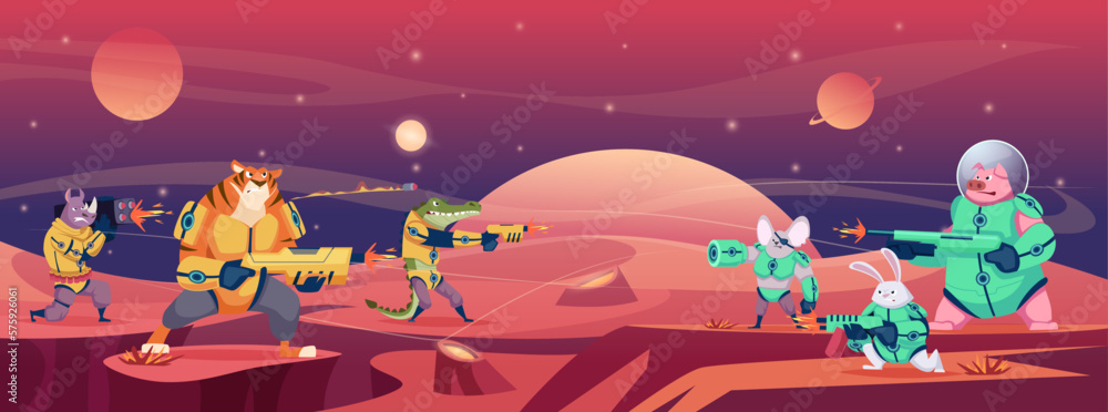 Shooting with aliens. Space universe battle fantasy armored animals ...