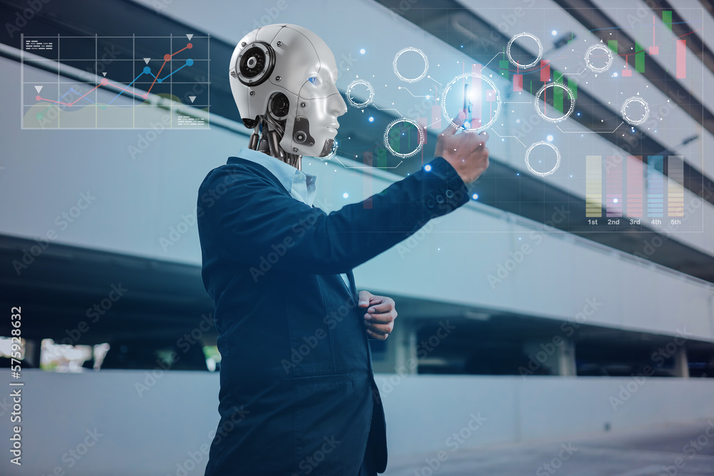 Humans wearing a coat with a robot head and holding mobile phones are ...