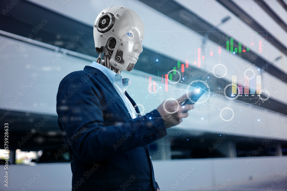 Humans wearing a coat with a robot head and holding mobile phones are ...